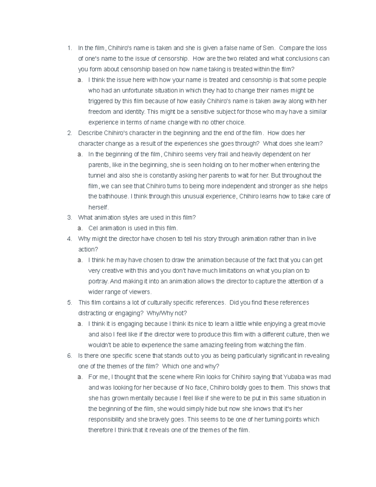 Film Spirited Away Review Questions - In the film, Chihiro's name is ...