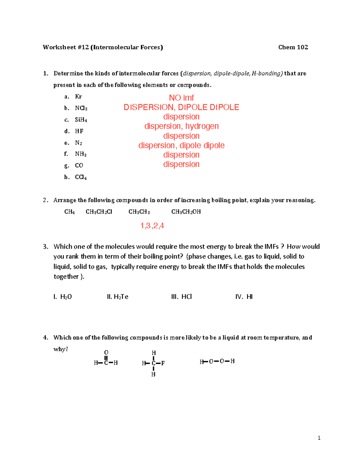 Worksheet 12 Intermolecular Forces 2 - Worksheet #12 (Intermolecular ...