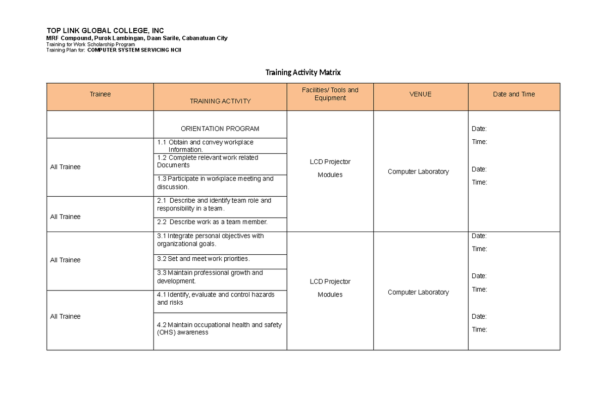 Training Matrix - Computer SYSTEM SERVICING NCII - TOP LINK GLOBAL COLLEGE, INC MRF Compound ...