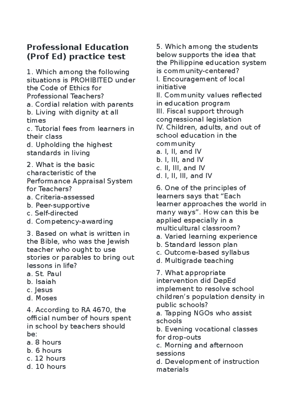 Professional Education - Professional Education (Prof Ed) practice test ...