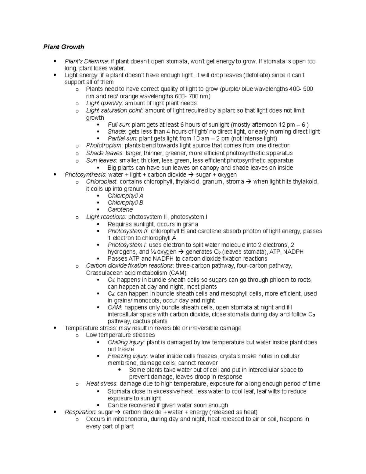 Week 5 - Lecture notes 4 - Plant Growth Plant’s Dilemma: if plant doesn ...
