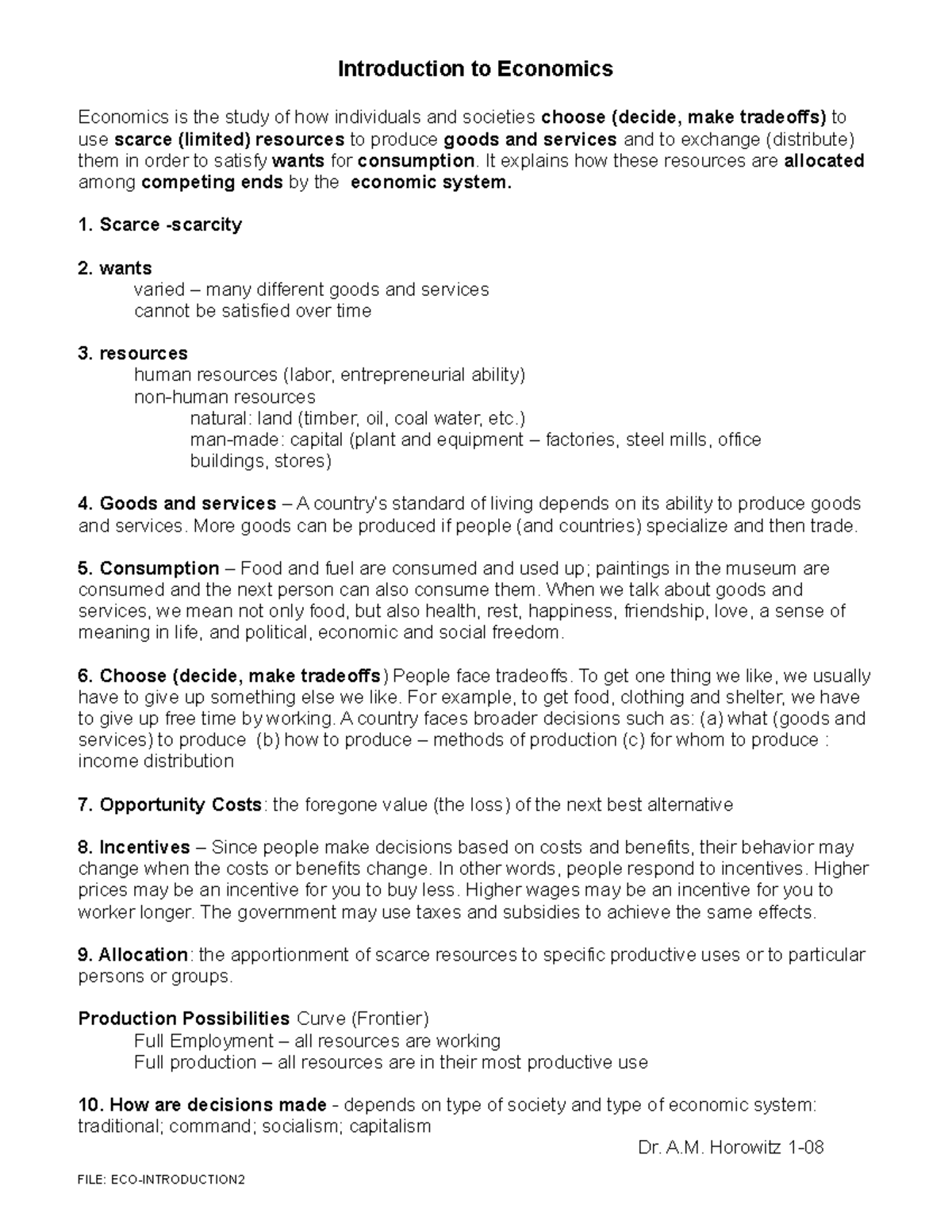 Eco-Introduction 2 - Avery Horowitz - Introduction to Economics ...