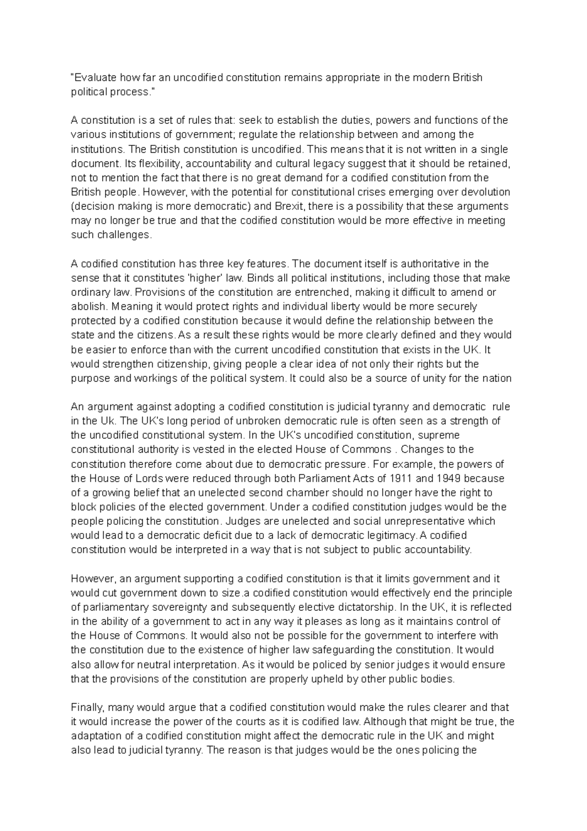 Evaluate how far an uncodified constitution remains appropriate in the ...