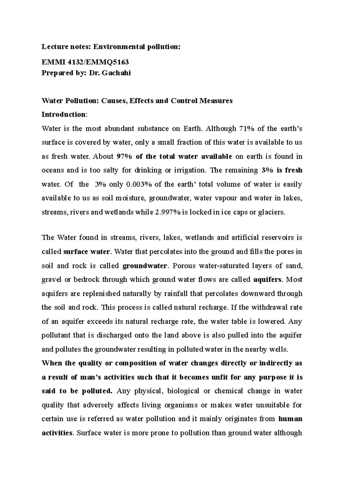 Water Quality and pollution Mechanical - Lecture notes: Environmental ...