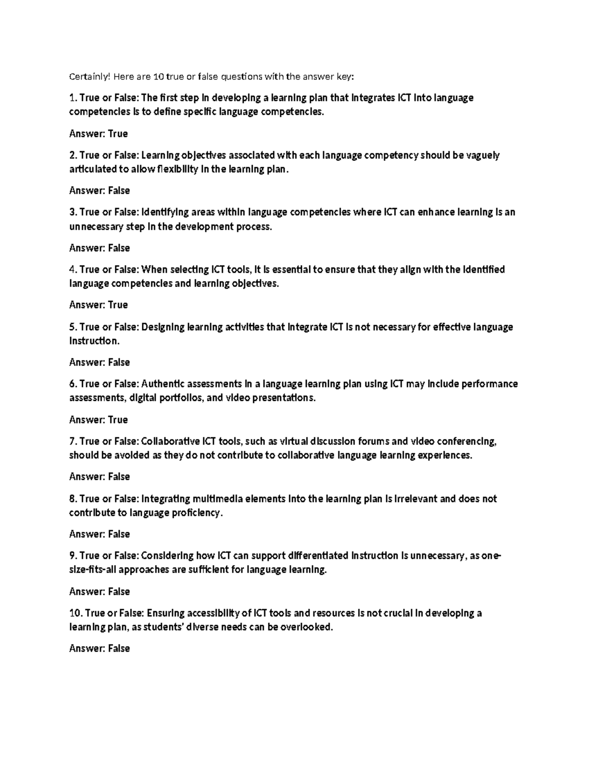 TTL Finals Exam AK - Certainly! Here are 10 true or false questions ...