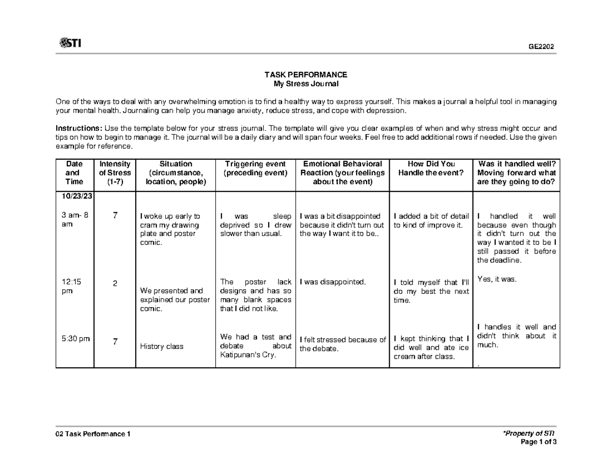 My Weekly Journal - GE 02 Task Performance 1 *Property of STI Page 1 of ...