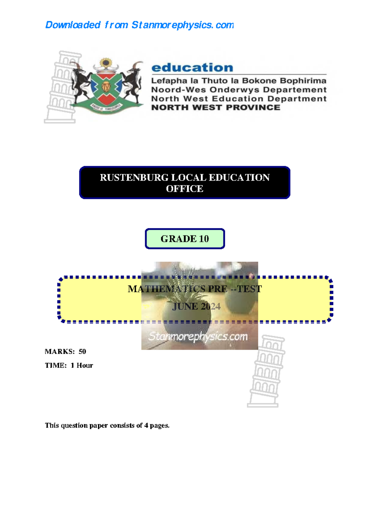 NW Maths Grade 10 Pre JUNE 2024 QP only - MARKS: 50 TIME: 1 Hour This ...