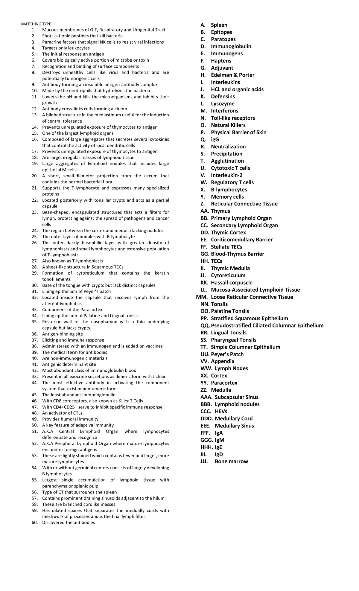 Matching TYPE - Summary Biochemistry - MATCHING TYPE 1. Mucous membranes of GIT, Respiratory and ...