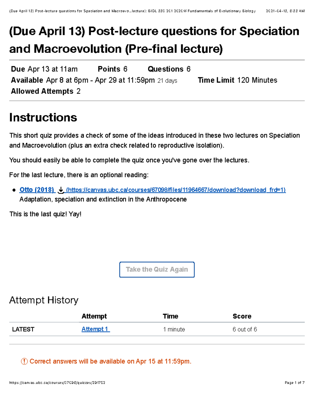 Due April 13 Post Lecture Questions For Speciation And Macroevolution