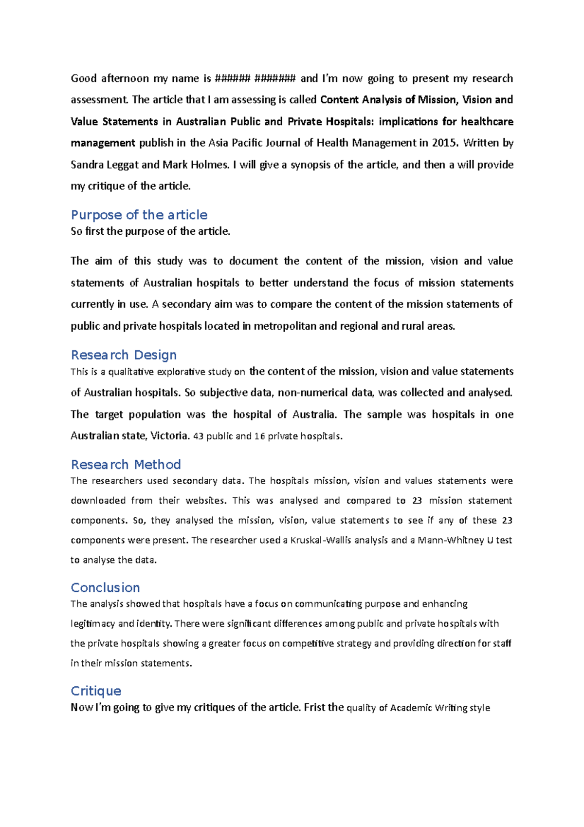 Research Article Assessment Presentation - Good afternoon my name is ...