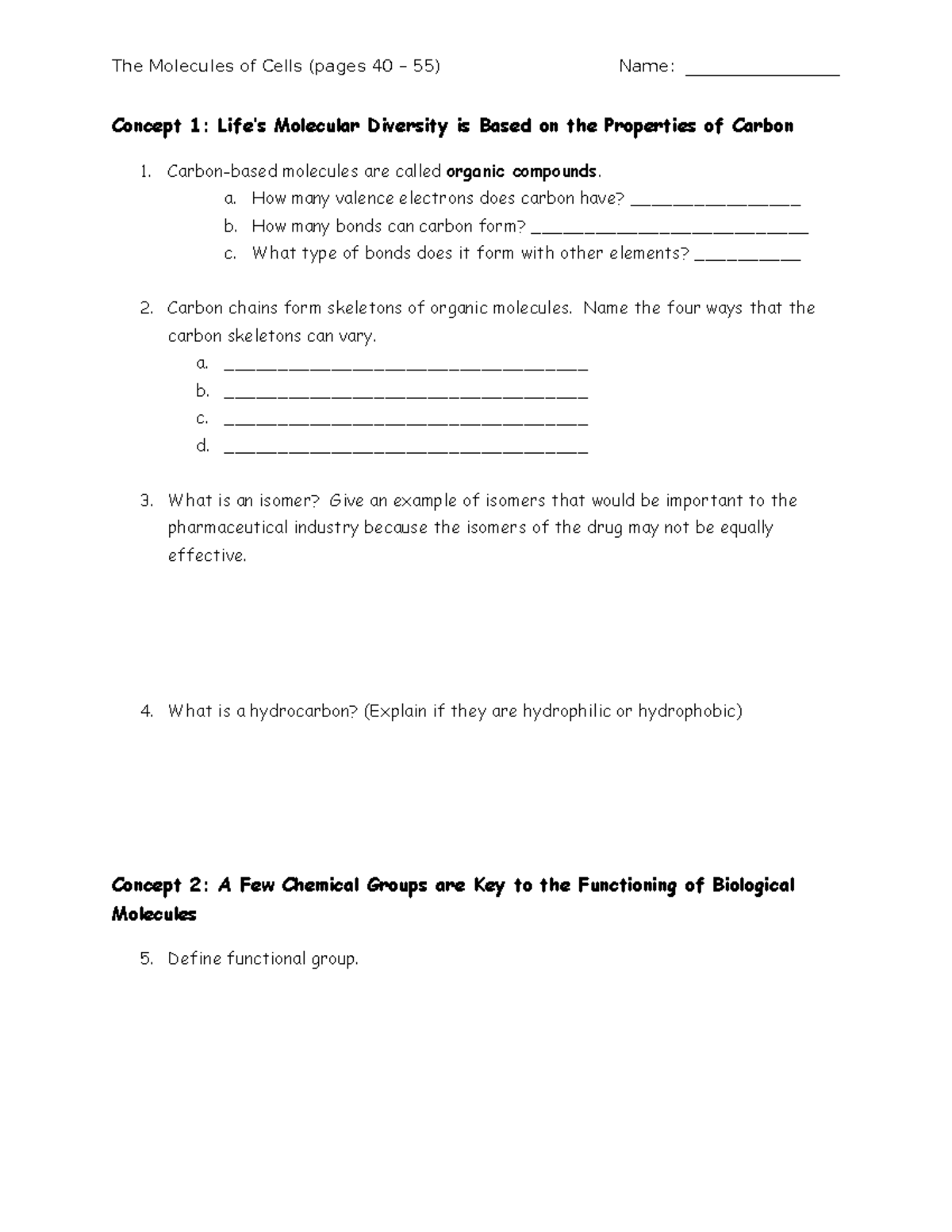 The Molecules of Cells reading guide - The Molecules of Cells (pages 40 ...