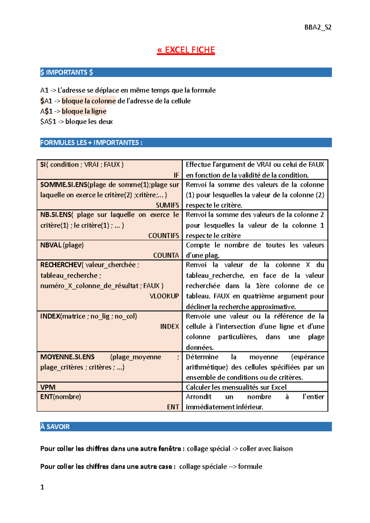 Excel Fiche - BBA2_S « EXCEL FICHE $ IMPORTANTS $ A1 -> L’adresse se ...