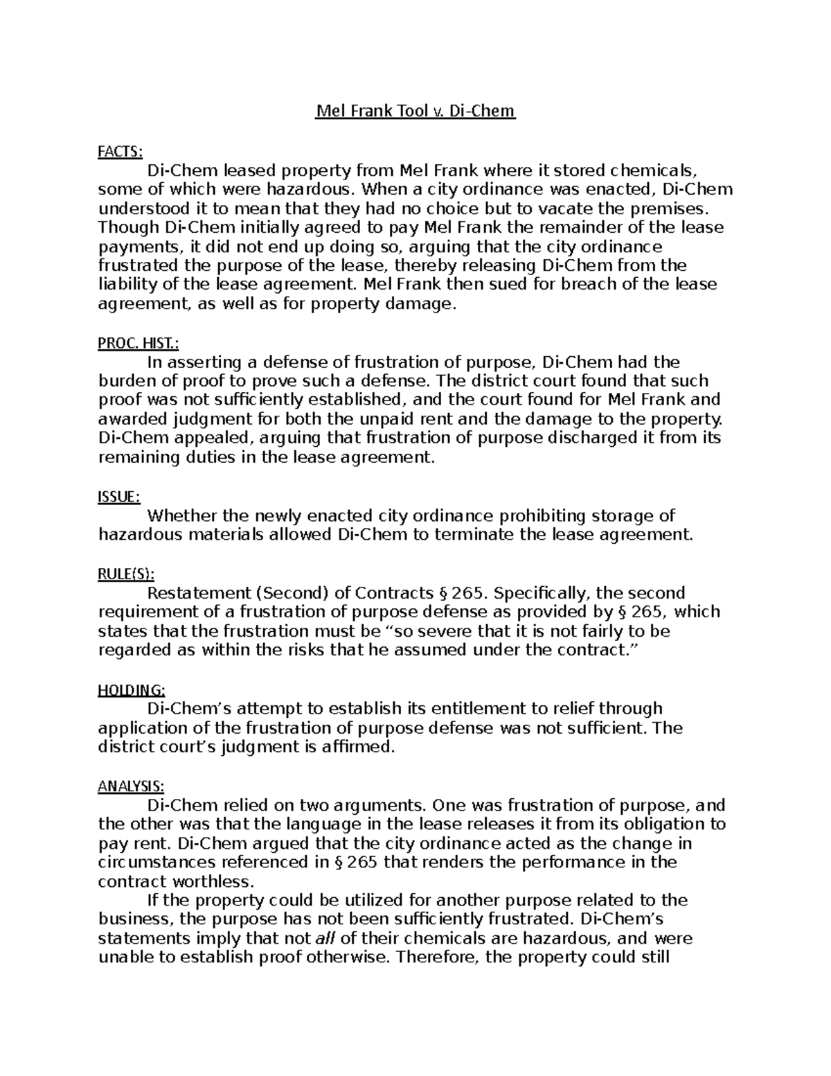 Mel Frank Tool v. Di-Chem - Mel Frank Tool v. Di-Chem FACTS: Di-Chem ...