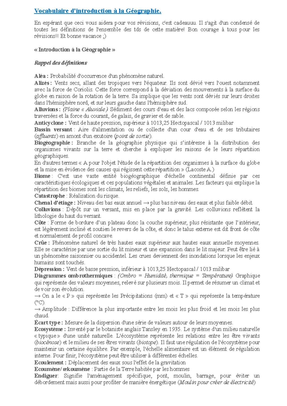 Geographie vocubulaire - Vocabulaire d'introduction à la Géographie. En ...