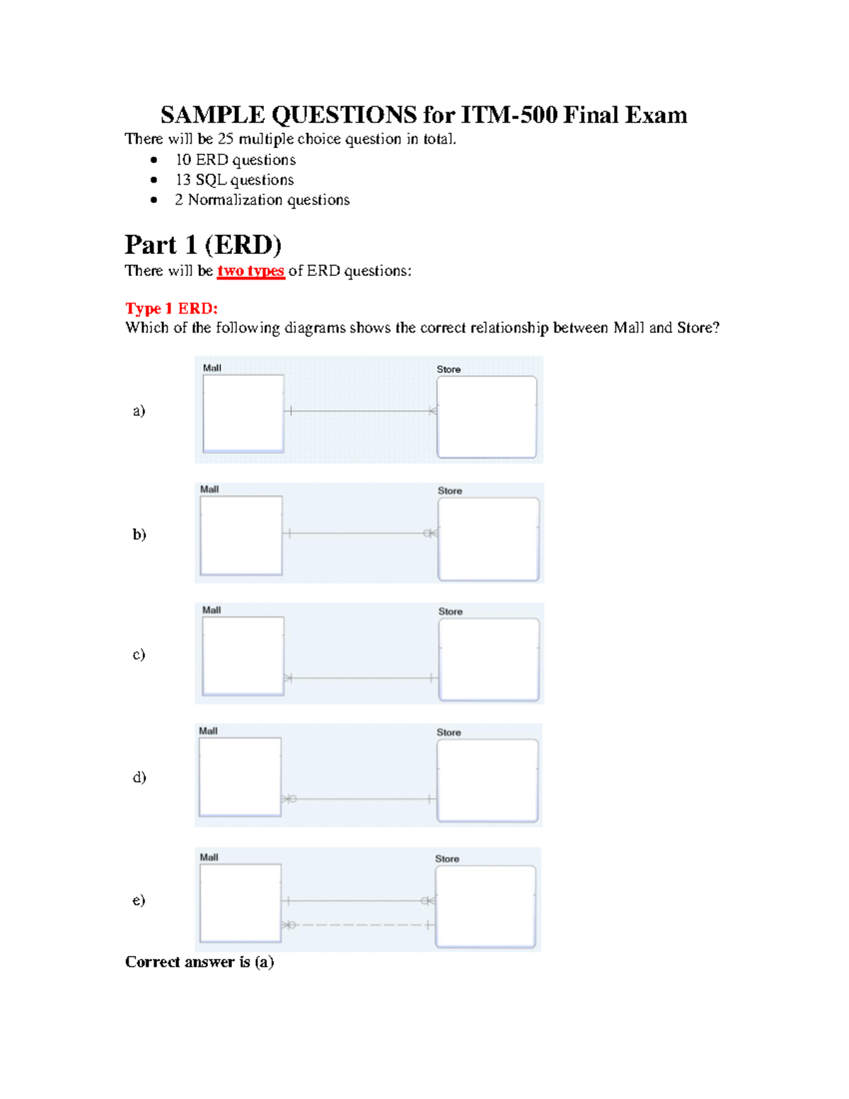 Pratice Questions Sample Questions For Itm 500 Final Exam There Will Be 25 Multiple Choice