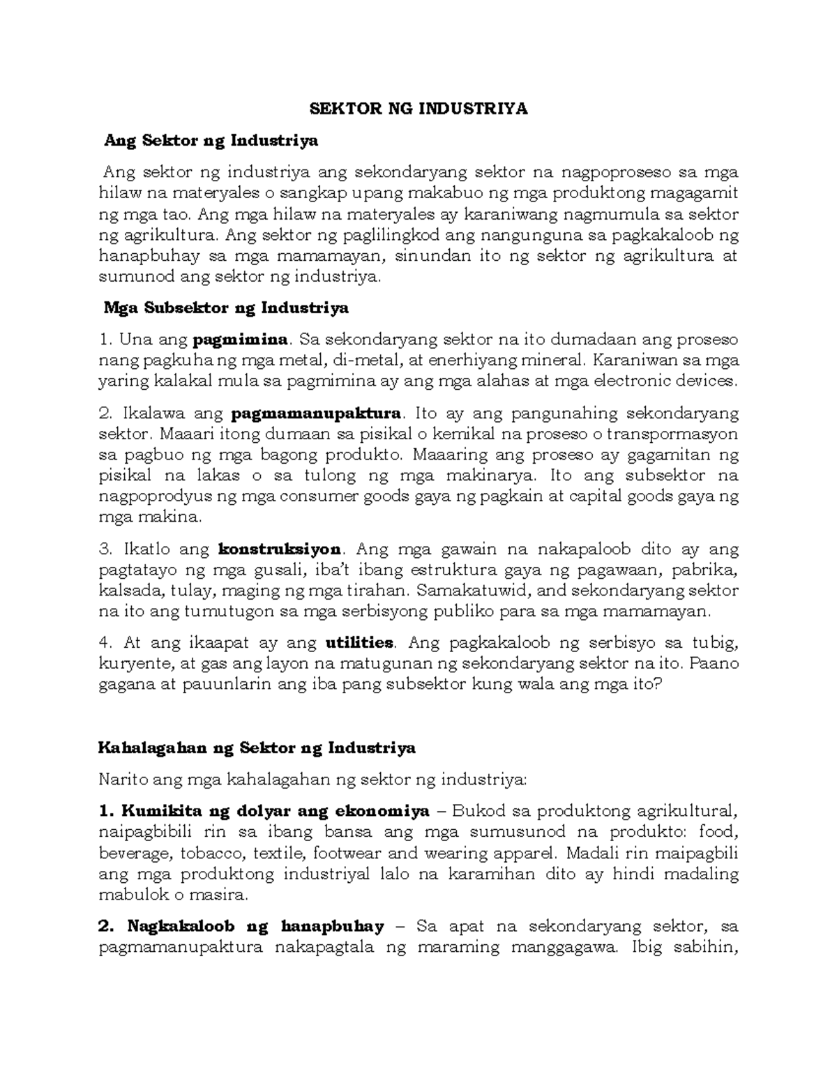 Econ-notes-industriyalisasyon - SEKTOR NG INDUSTRIYA Ang Sektor ng ...