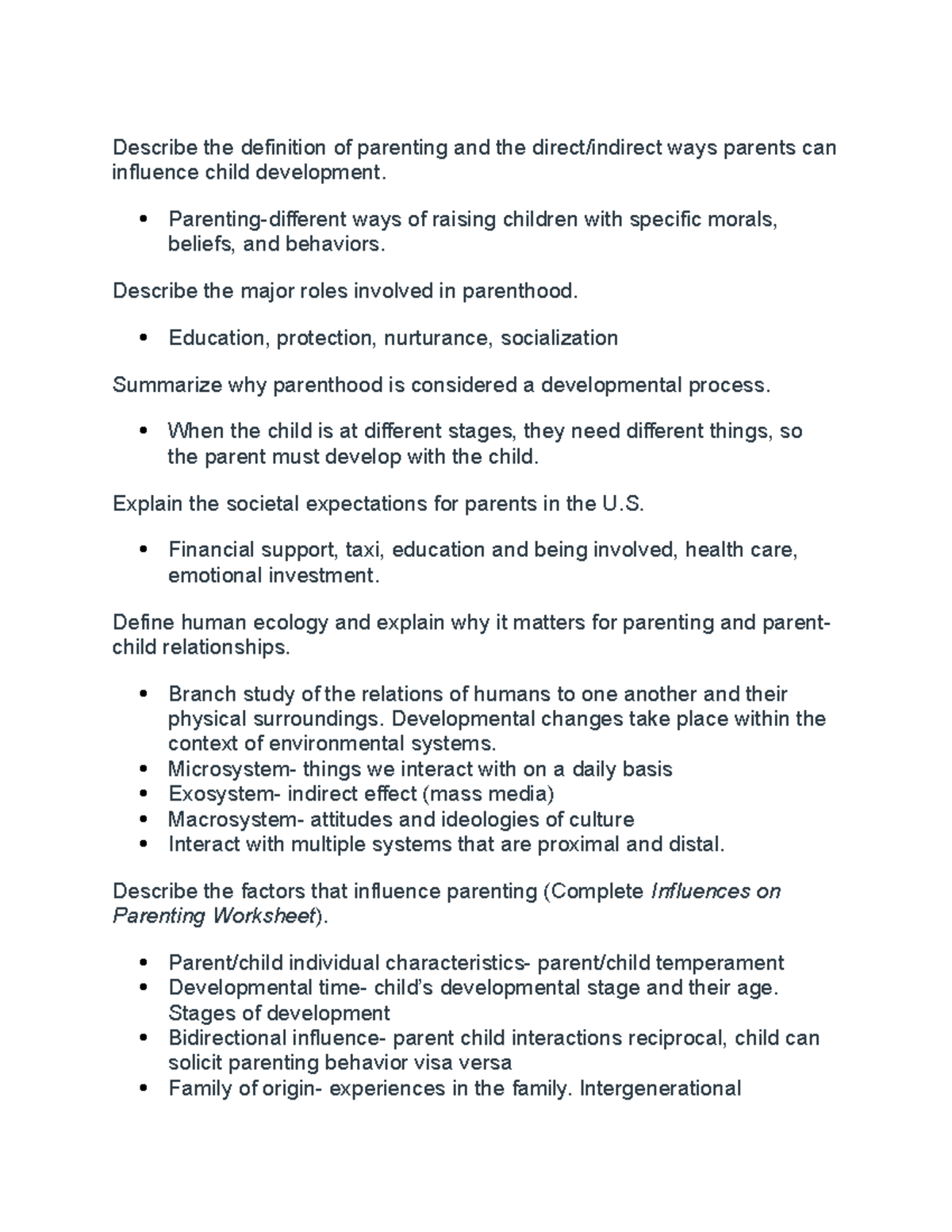 Study Guide - Describe the definition of parenting and the direct ...
