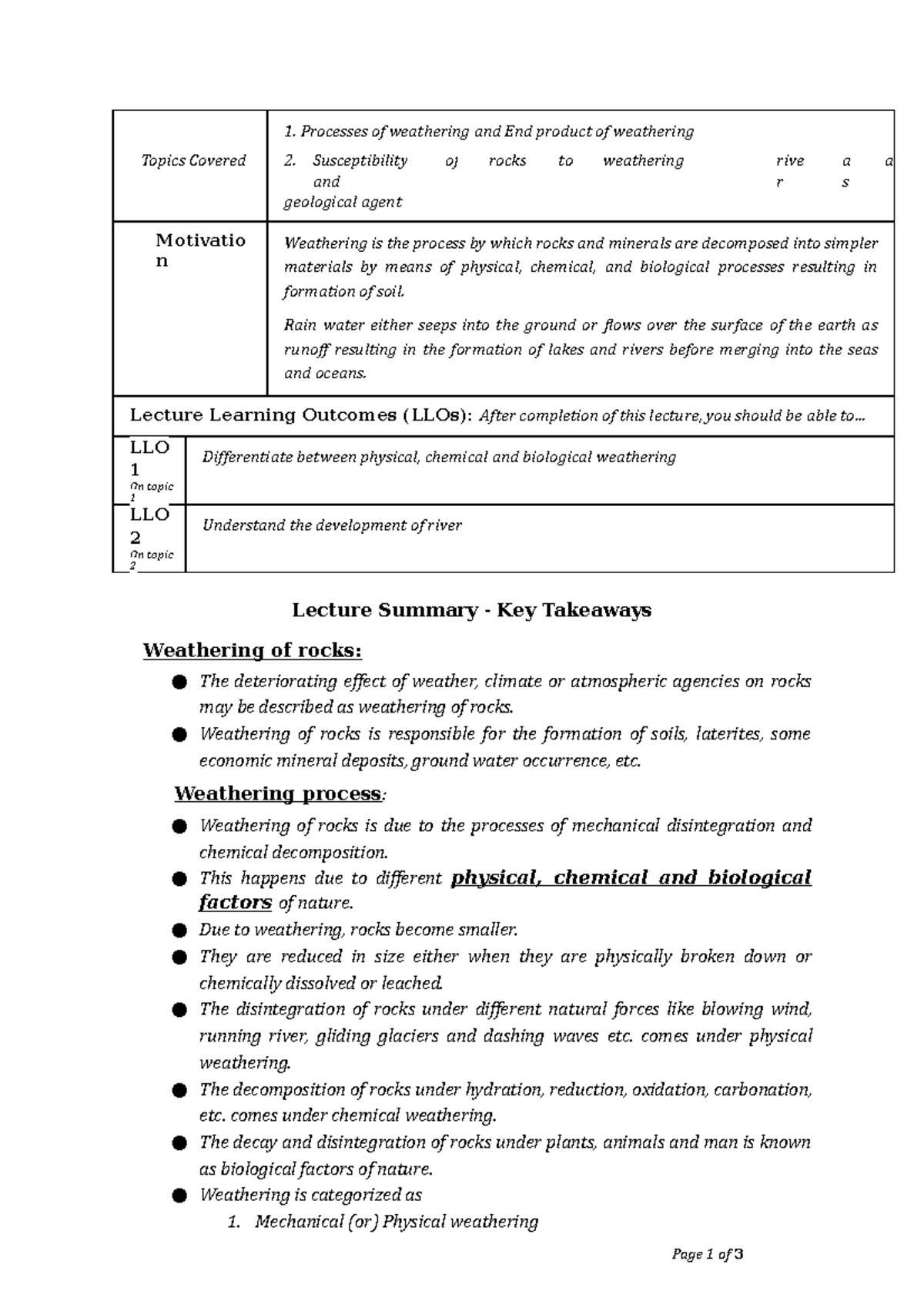 Processes of weathering and End product of weathering - Page 1 of 3 1 ...