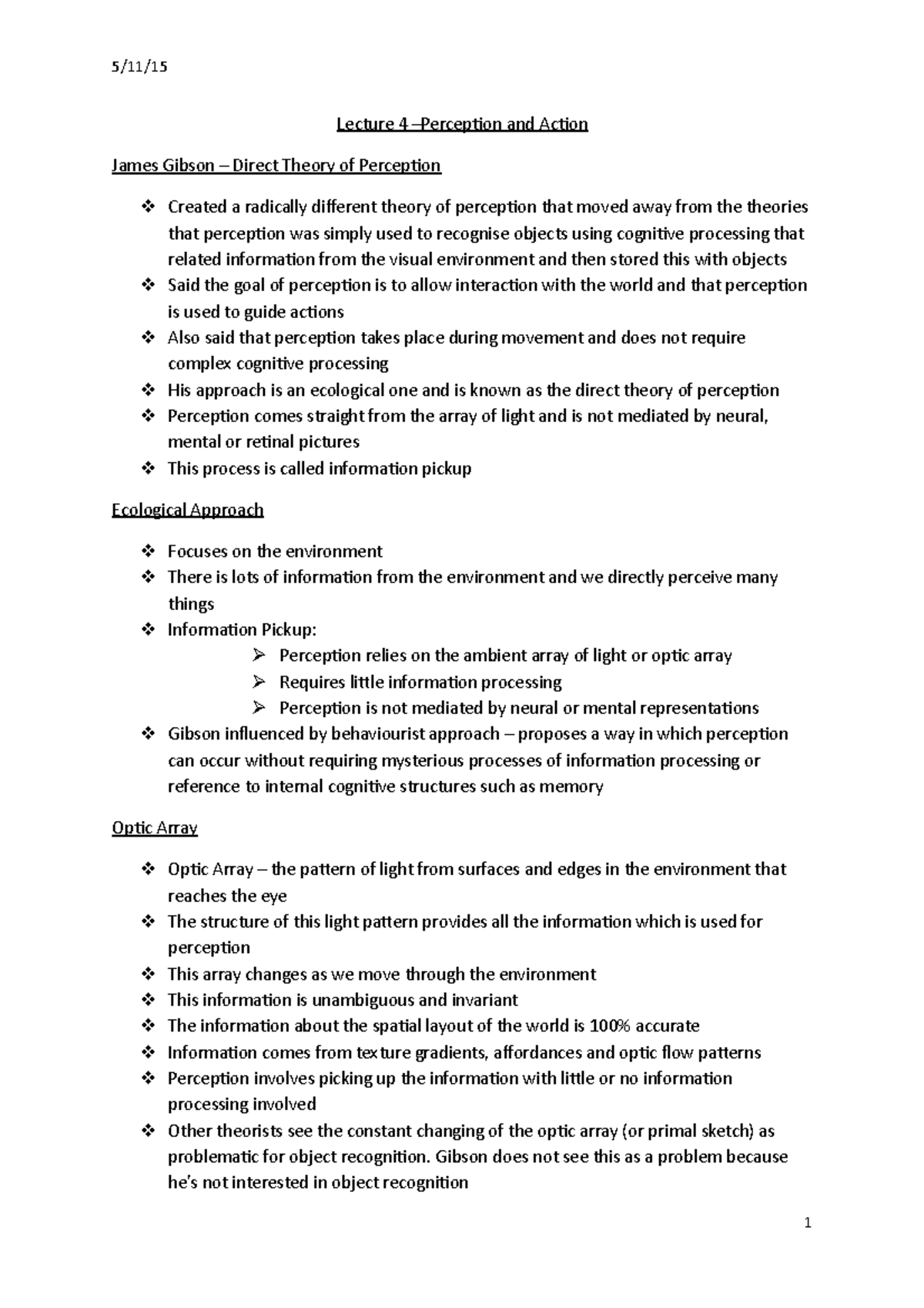 Lecture 4 - Perception and Action - 5/11/15 Lecture 4 –Perception and Action James Gibson ...