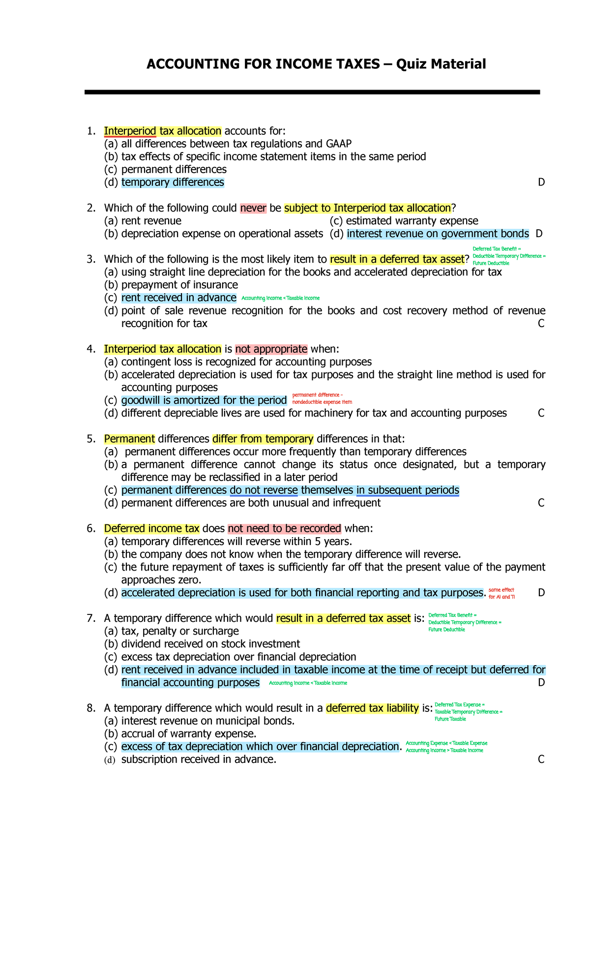 Accounting for Income Taxes - ACCOUNTING FOR INCOME TAXES – Quiz ...