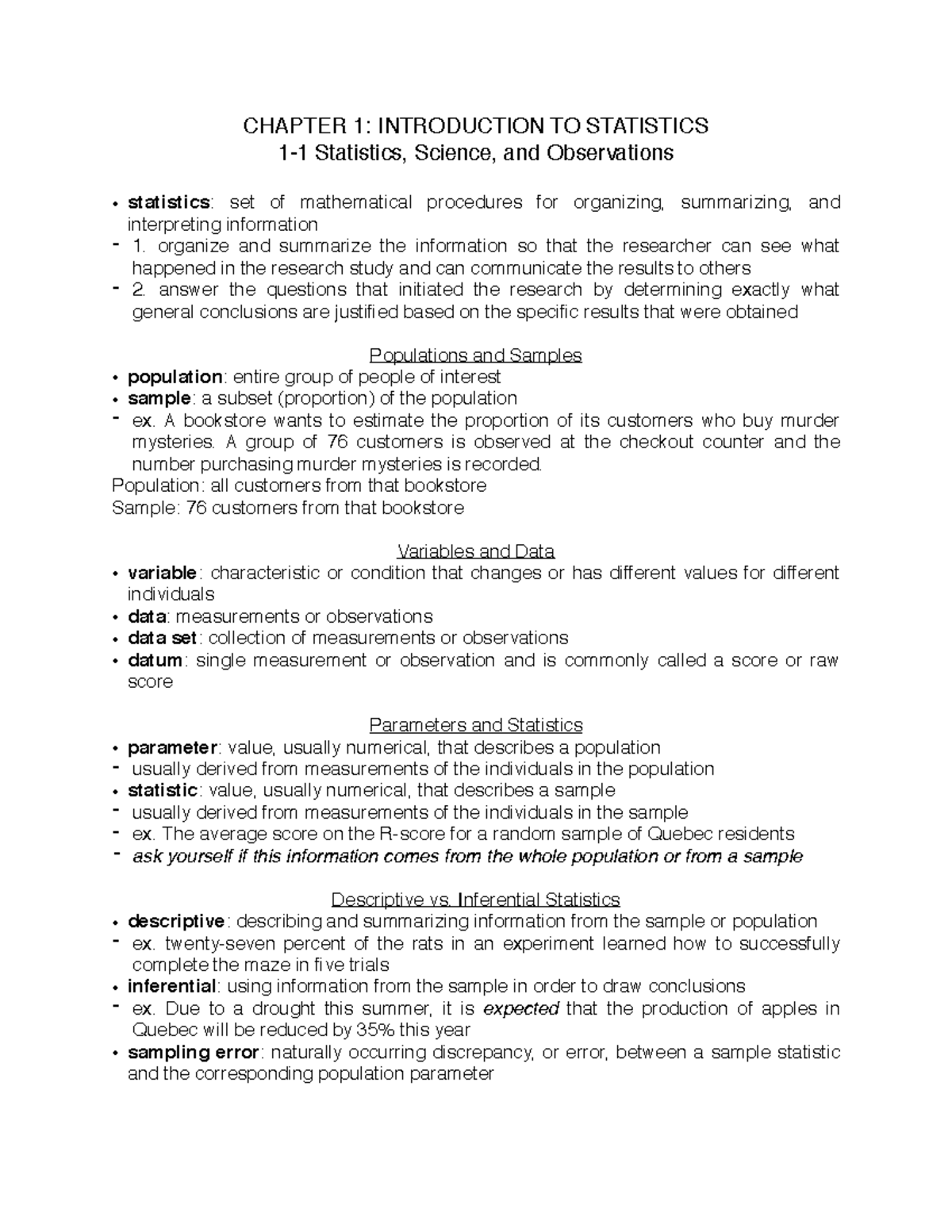 Texbook notes - CHAPTER 1: INTRODUCTION TO STATISTICS 1-1 Statistics ...