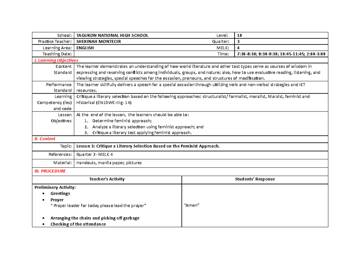 DLP IN ENG10 - This is an example of a lesson plan - School: TAGUKON ...