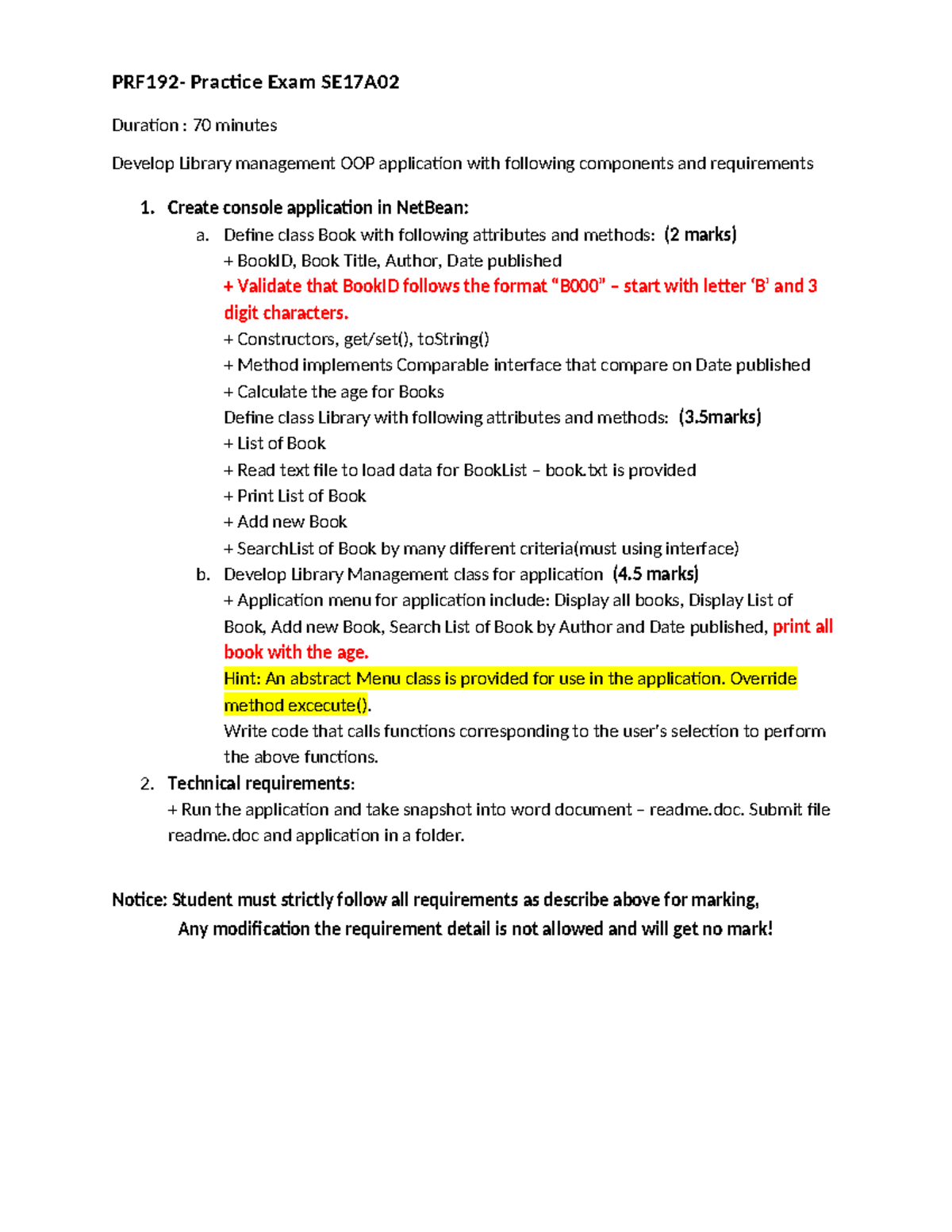 Pro192 Lab6 - Lab6 - PRF192- Practice Exam SE17A Duration : 70 minutes ...