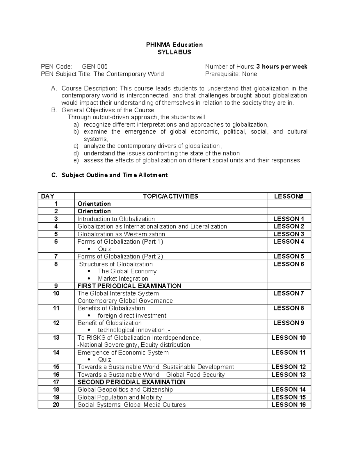 GEN 005 Contemporary World Syllabus - PHINMA Education SYLLABUS PEN ...