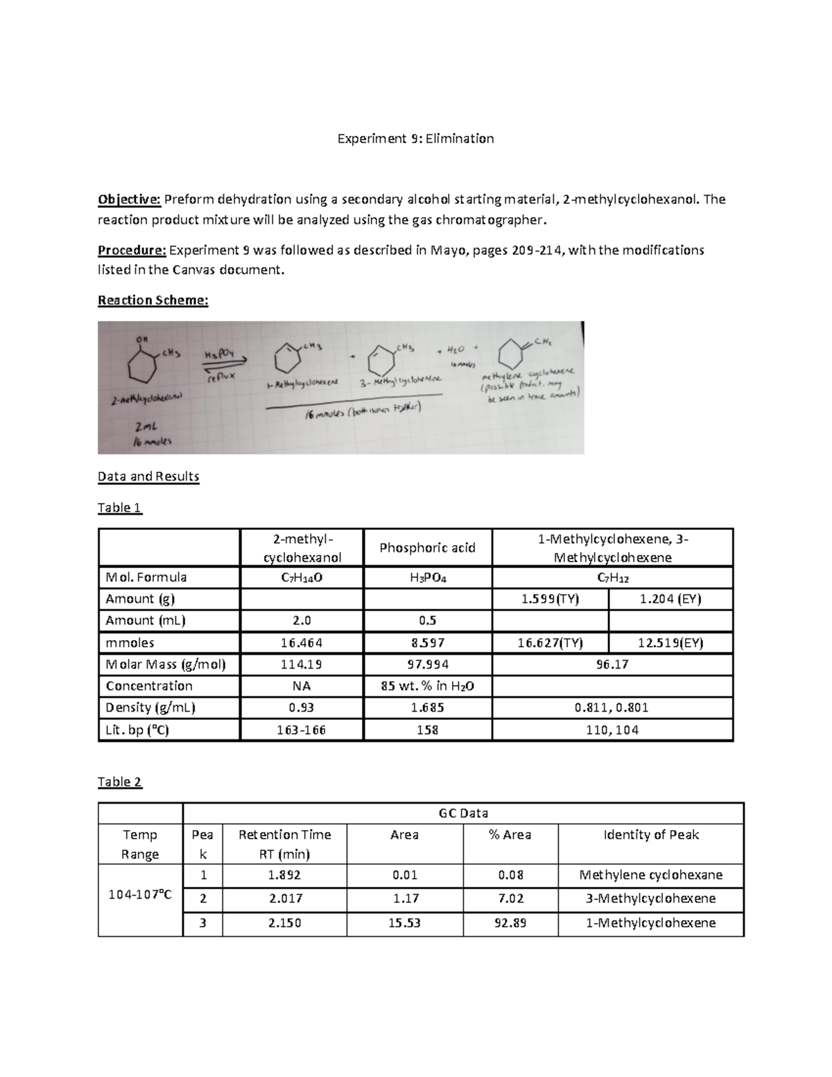 Lab Report 9-Elimination - Experiment 9: Elimination Objective: Preform ...