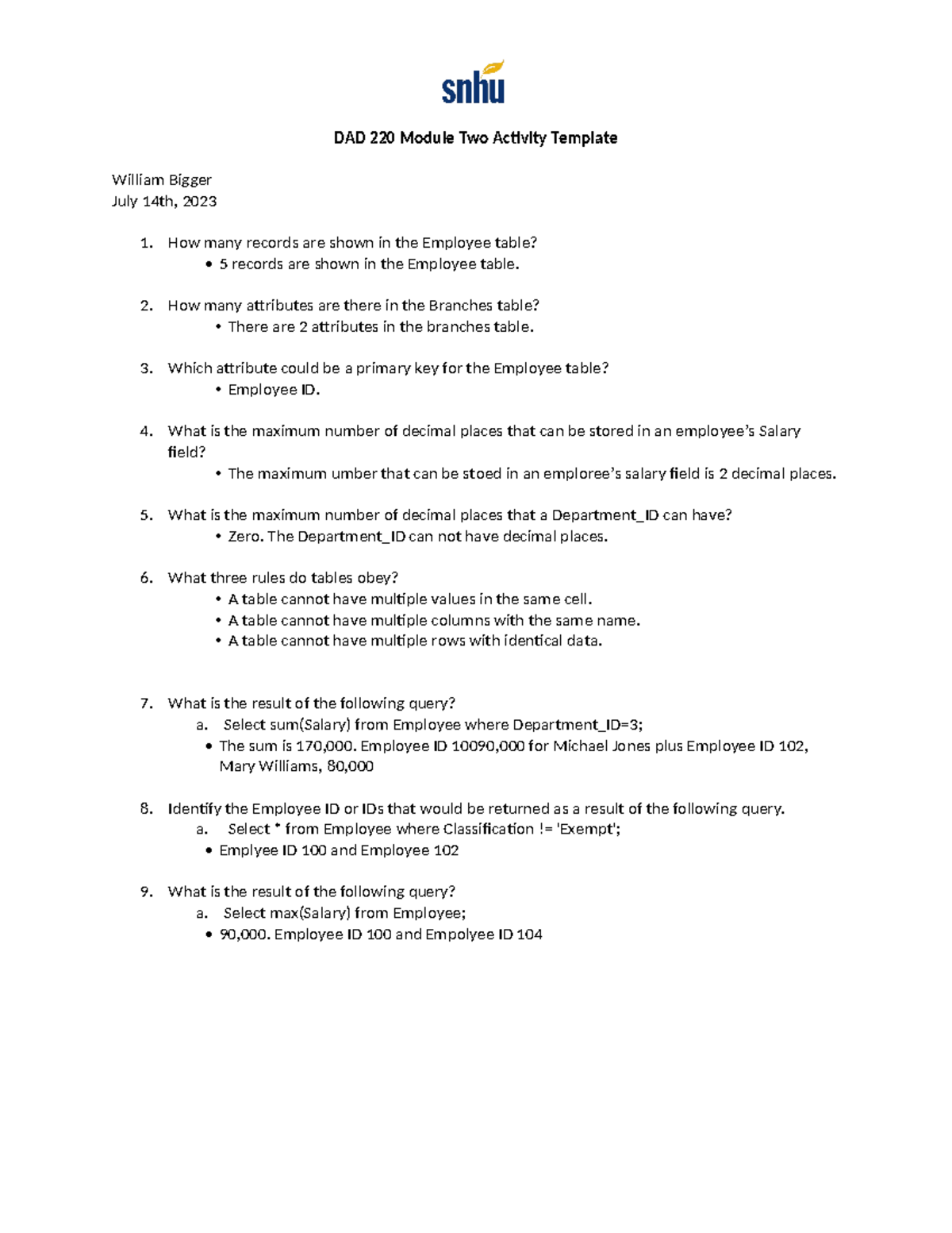 Module two Activity Intro 2-2 defining table, rows, columns, VARCHAR ...