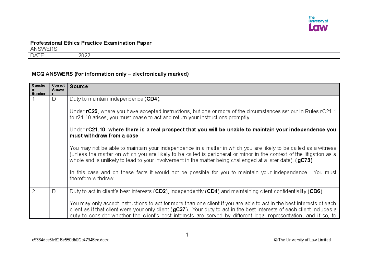 ULaw Mock Answers - Professional Ethics Practice Examination Paper ...