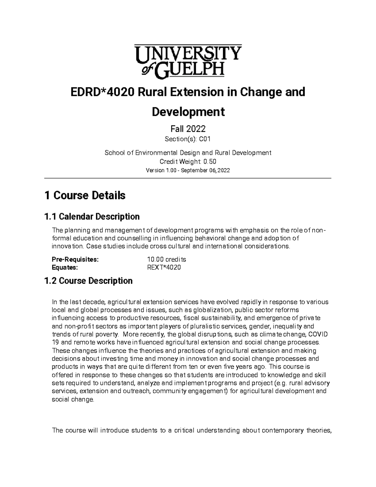 EDRD 4020 C01 F22 Course Outline Final - EDRD*4020 Rural Extension in ...