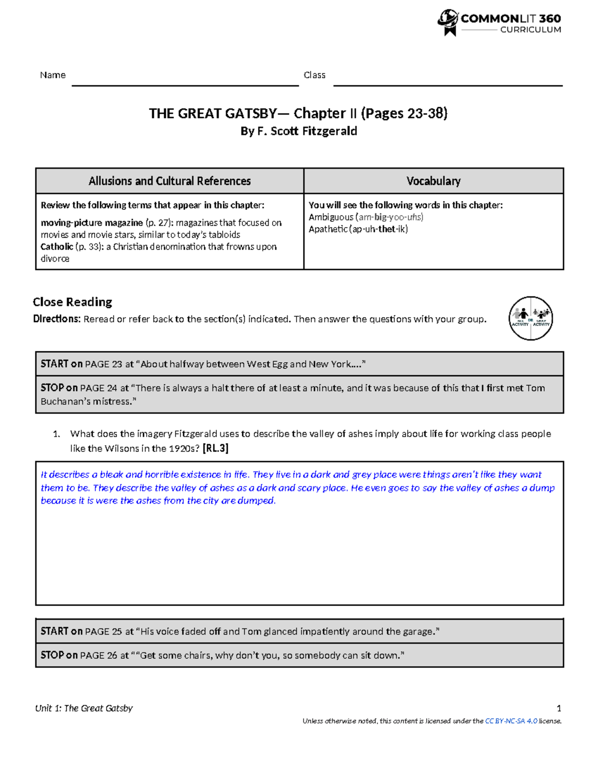 07. 11G Unit 1 The Great Gatspy - Name Class THE GREAT GATSBY— Chapter ...