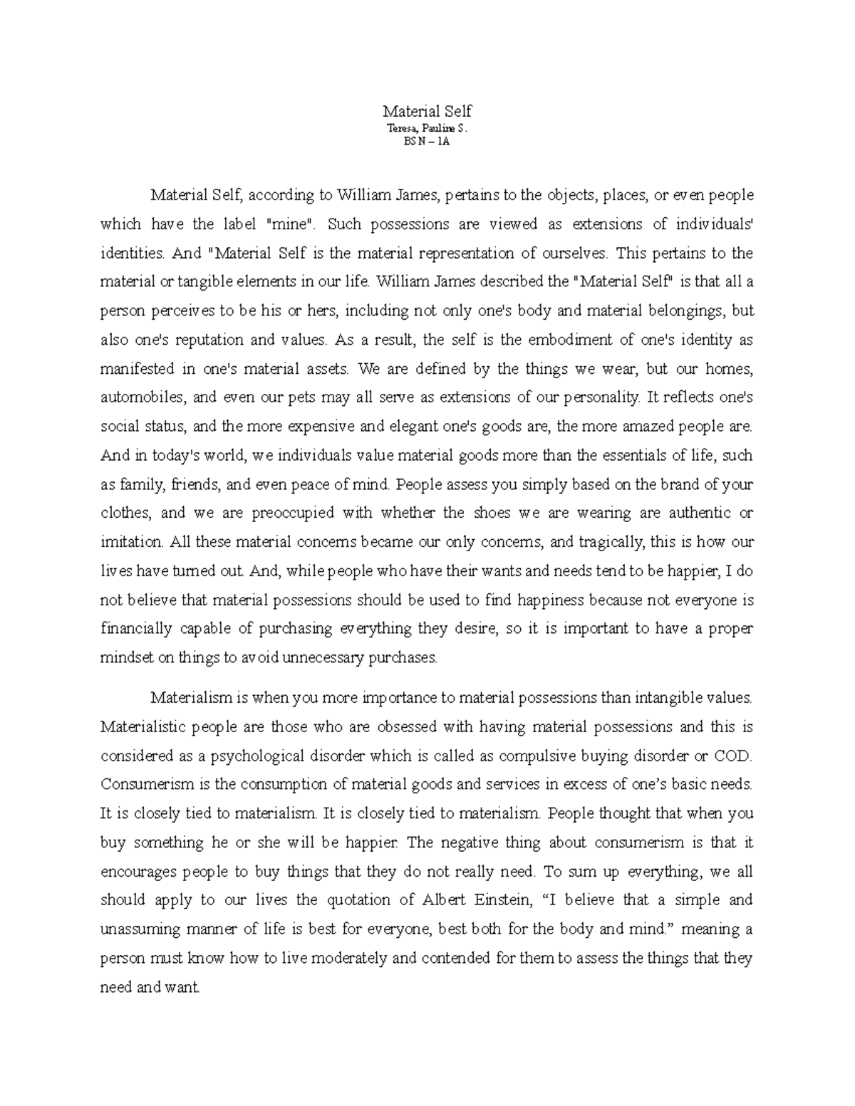 Material Self - Material Self Teresa, Pauline S – 1A Material Self ...