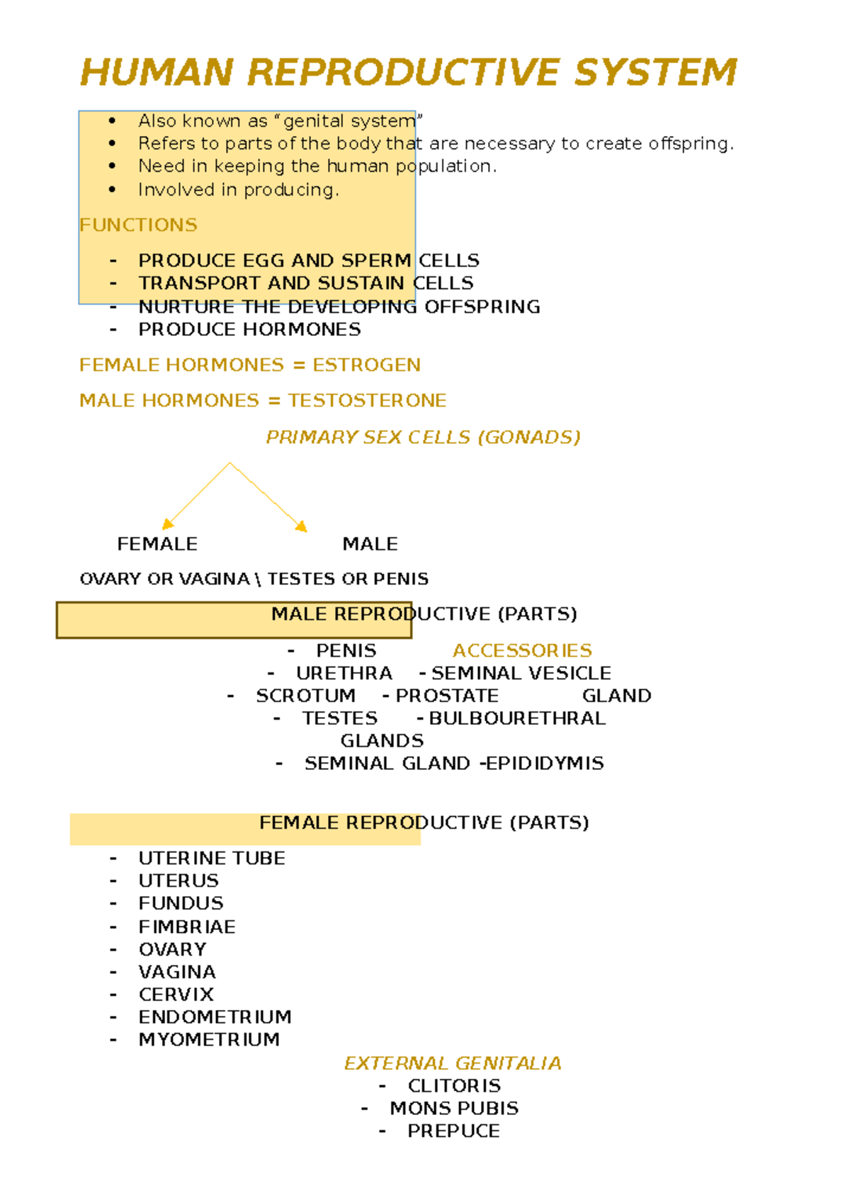 Notes in Human Reproduction - HUMAN REPRODUCTIVE SYSTEM Also known as ...