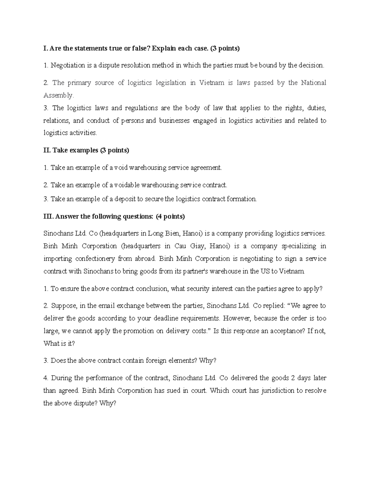 MẪU THỬ - ... - I. Are the statements true or false? Explain each case ...