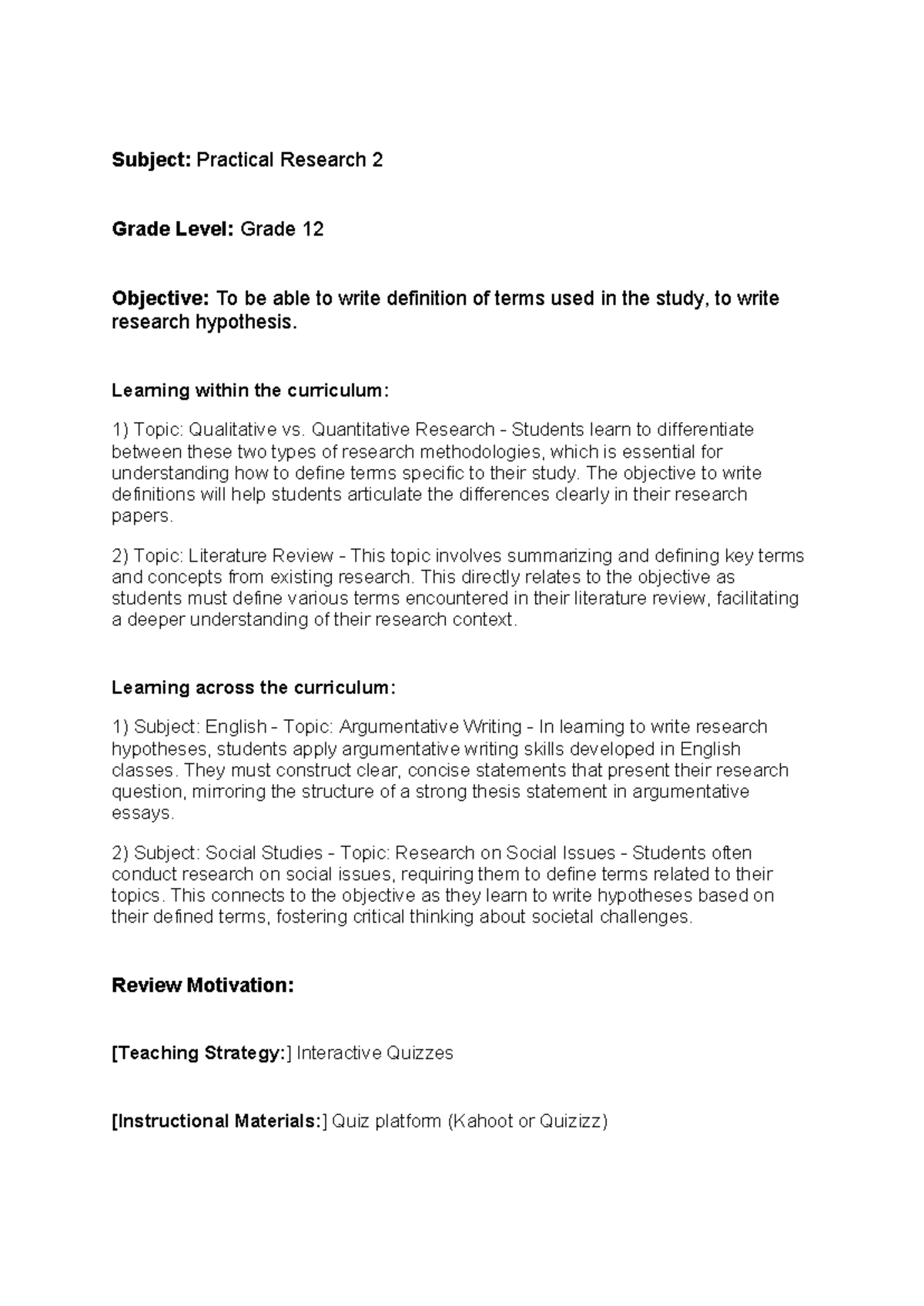 Lesson plan - Subject: Practical Research 2 Grade Level: Grade 12 ...