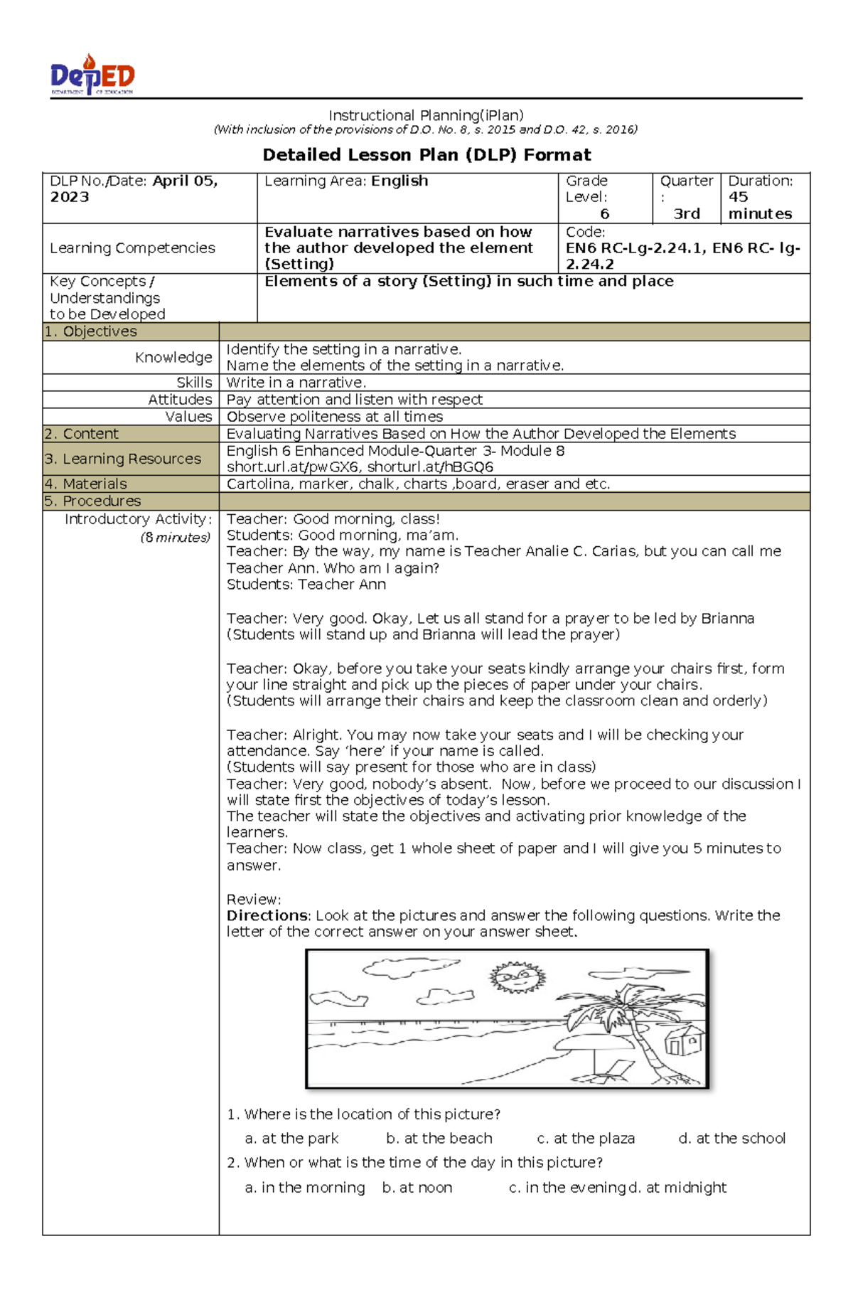 Lesson Plan - Instructional Planning(iPlan) (With inclusion of the ...