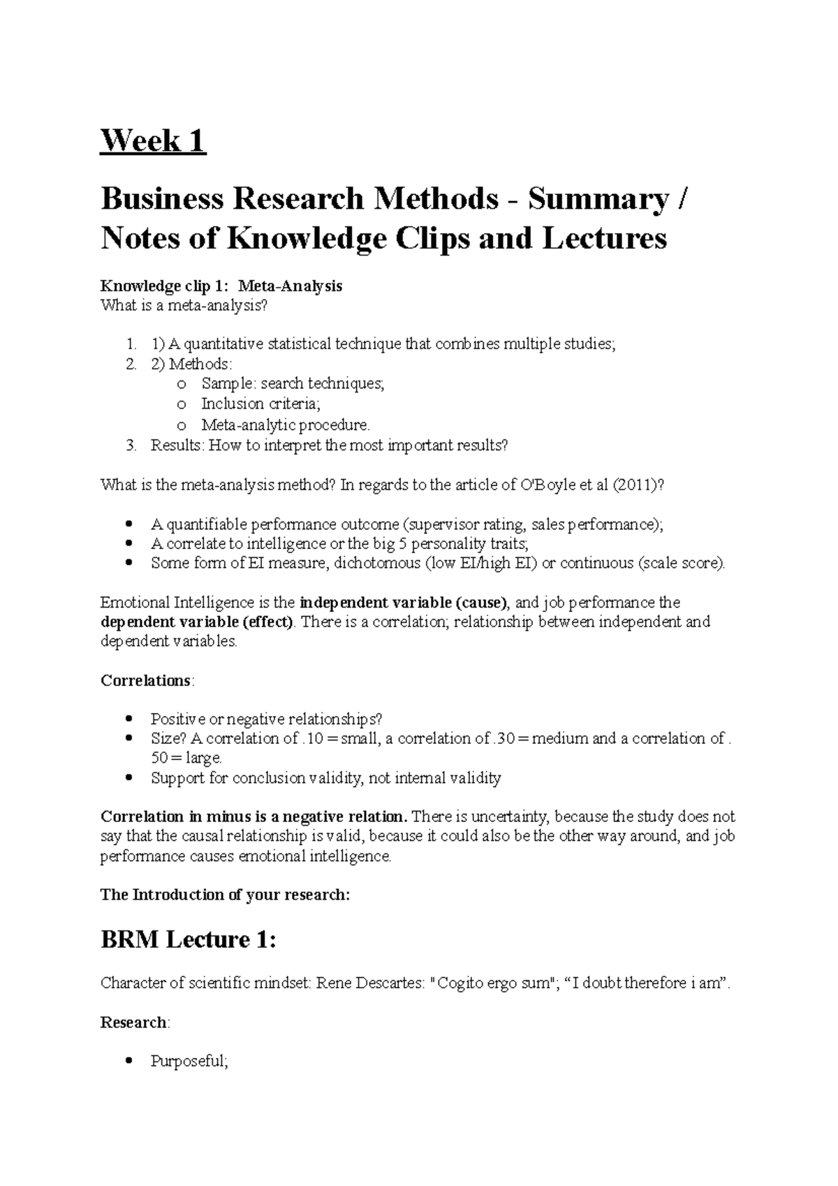 Brm Tutorial And Lecture Summary Week 1 Week 1 Business Research Methods Summary Notes Of