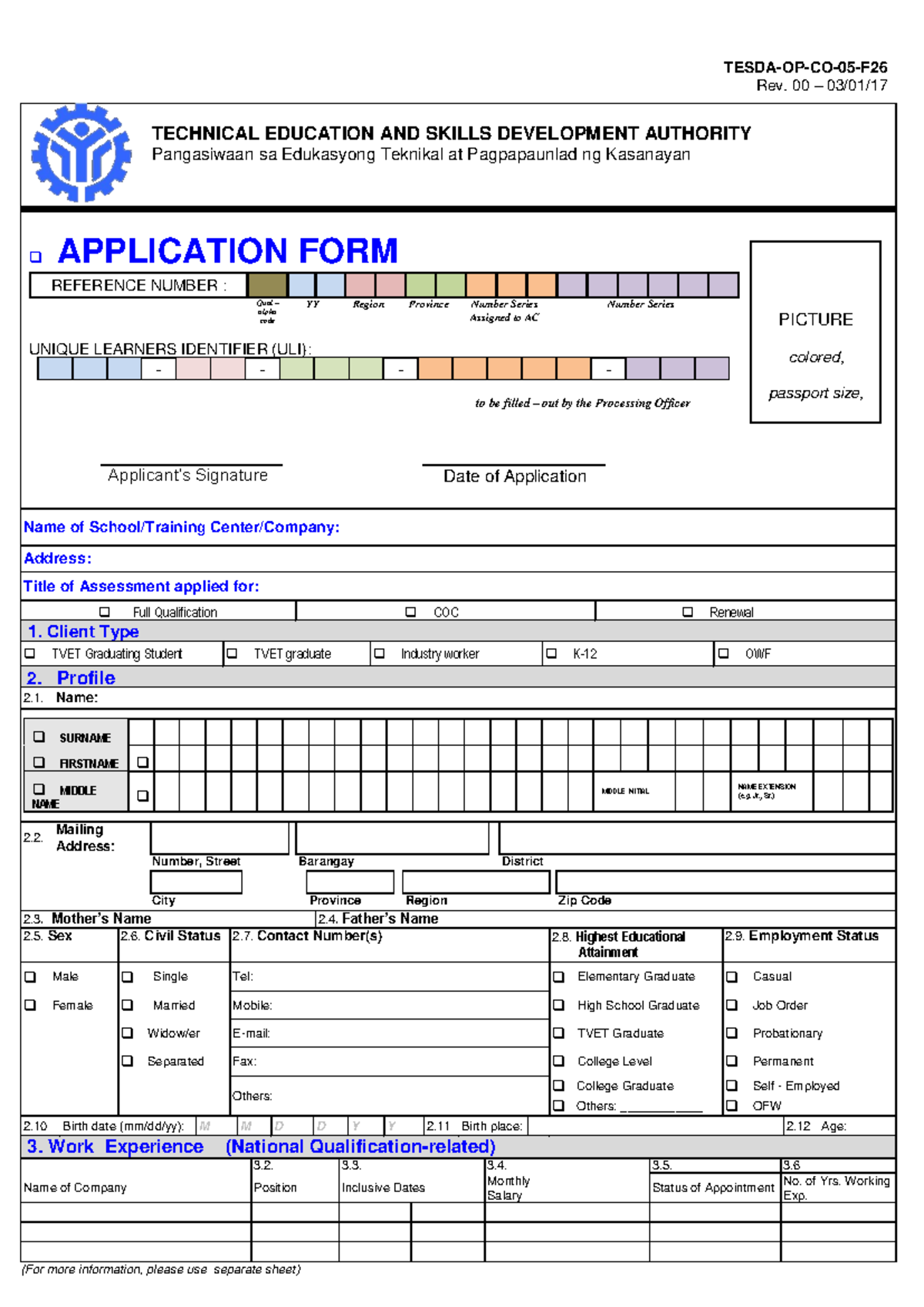 Tesda-OP-CO-05 Competency Assessment Forms - Rev. 00 – 03/01/1 7 ...