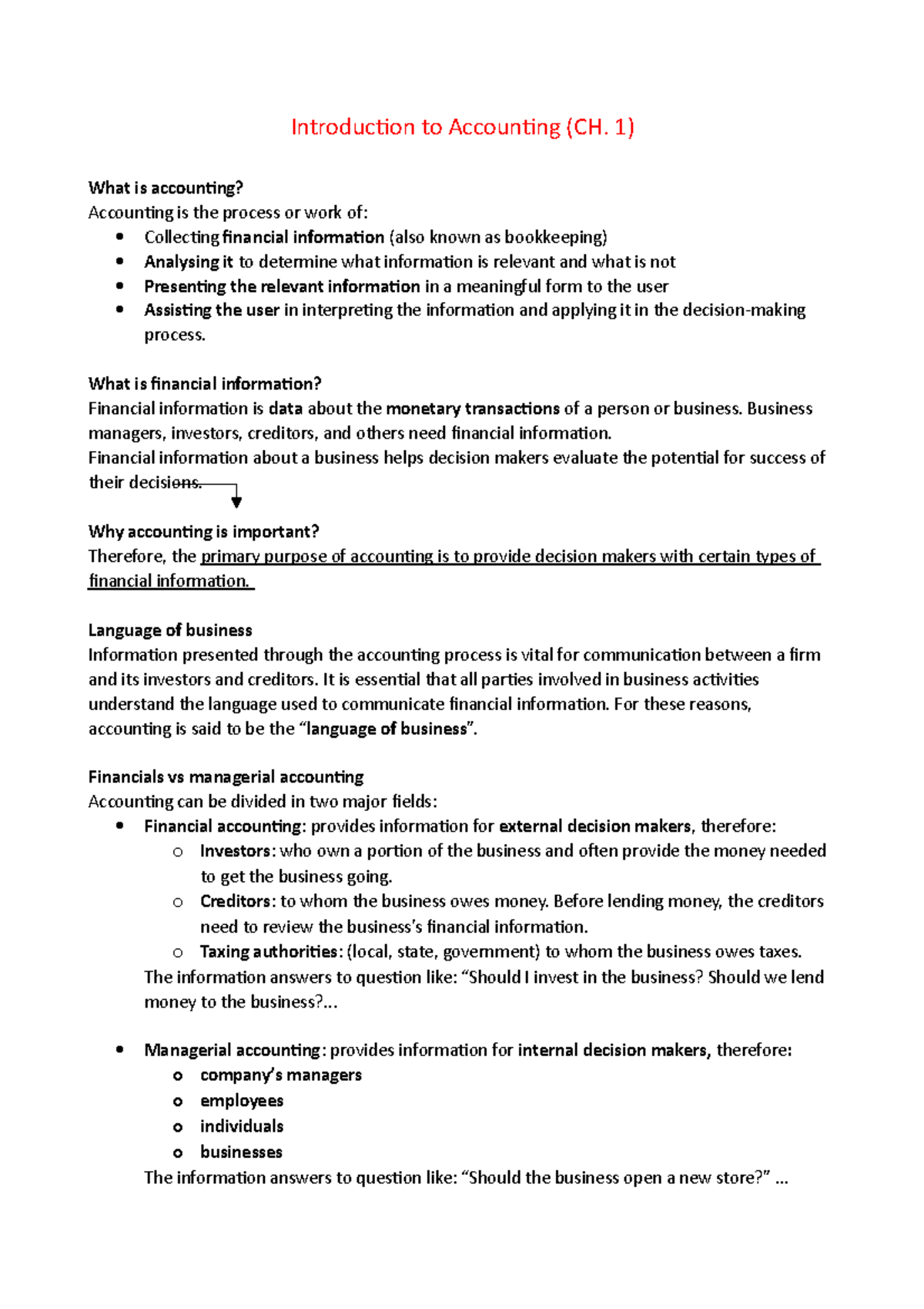 Introduction to Acccounting (Chapter 1) 1st part - Accounting - 013EC ...