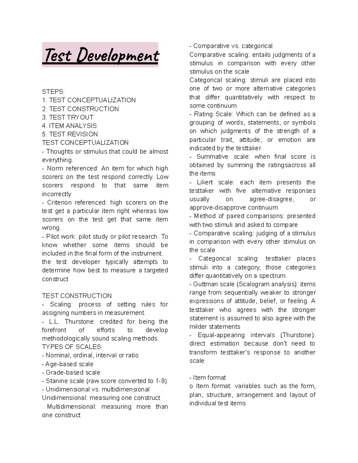 Chapter 8 Study Guide - Tes lon STEPS: 1. TEST CONCEPTUALIZATION 2 ...