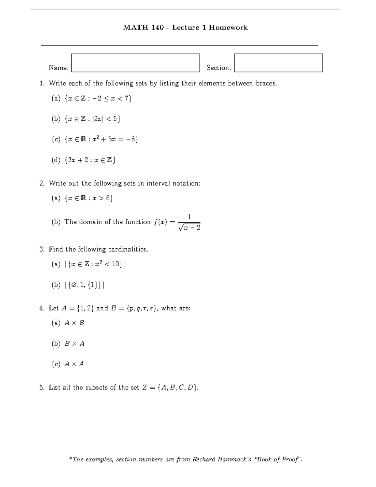 MATH140 homework 01 - MATH 140 - Lecture 1 Homework Name: Section ...