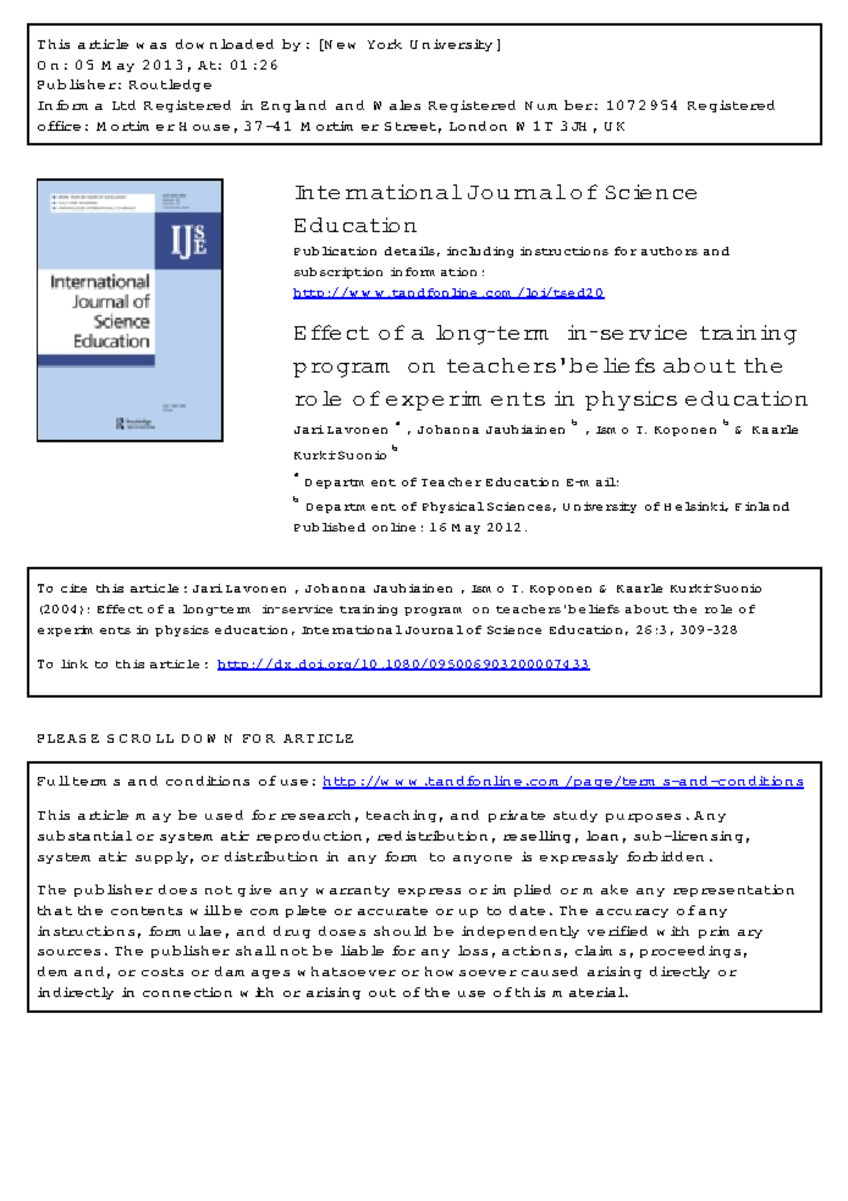 Effect of a long‐term in‐service training program on teachers' beliefs ...