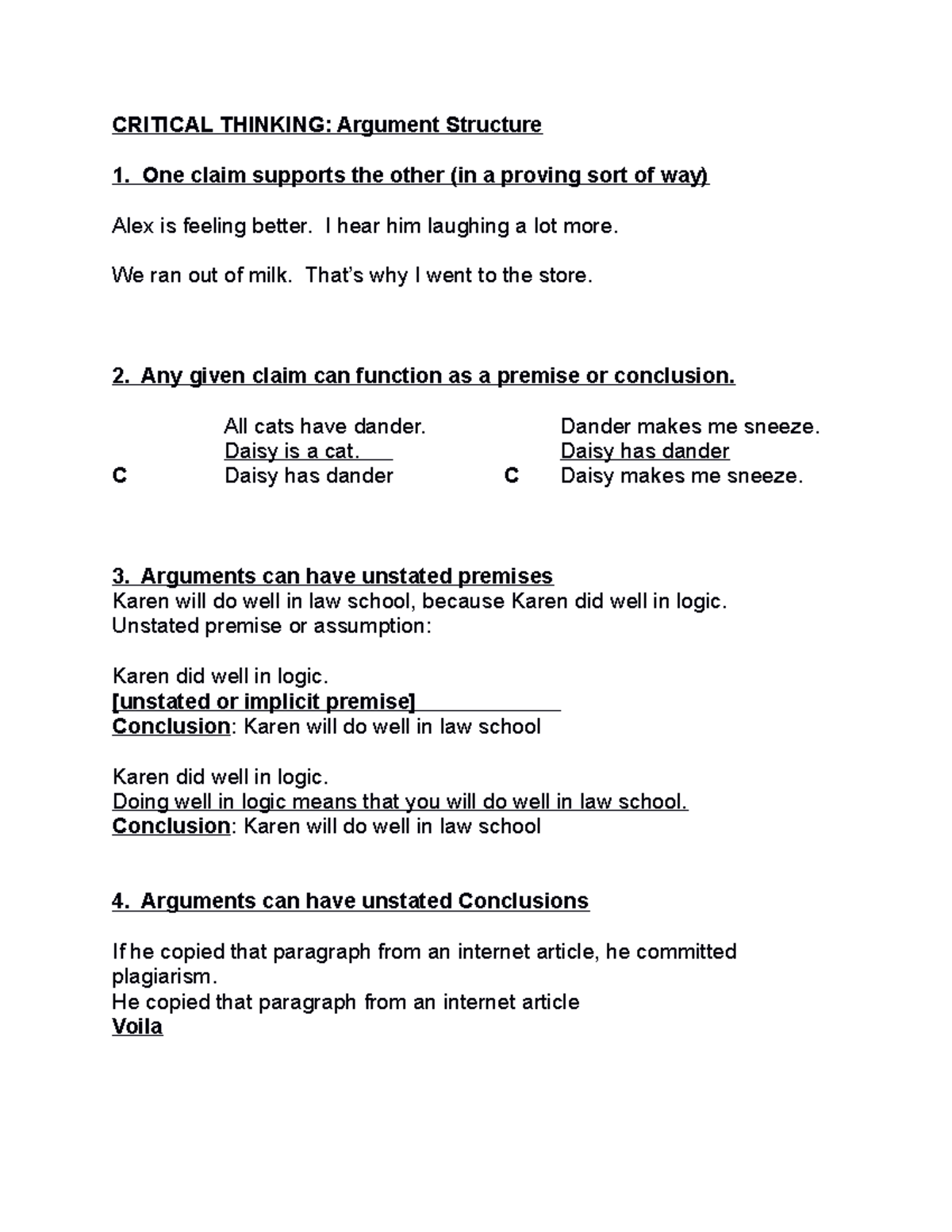Ctfeaturesofarguments - CRITICAL THINKING: Argument Structure One claim ...