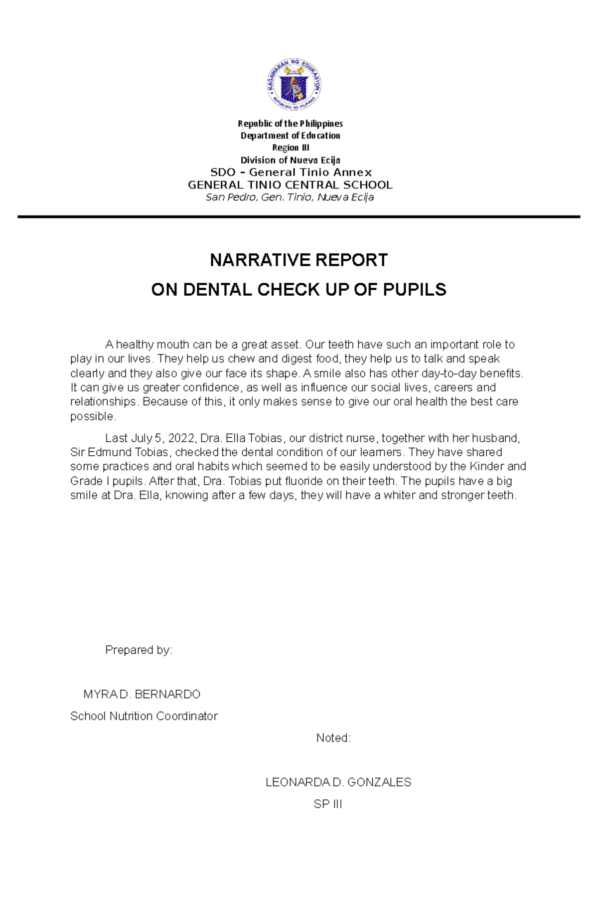 Narrative Report - ffffffffffff - NARRATIVE REPORT ON DENTAL CHECK UP ...