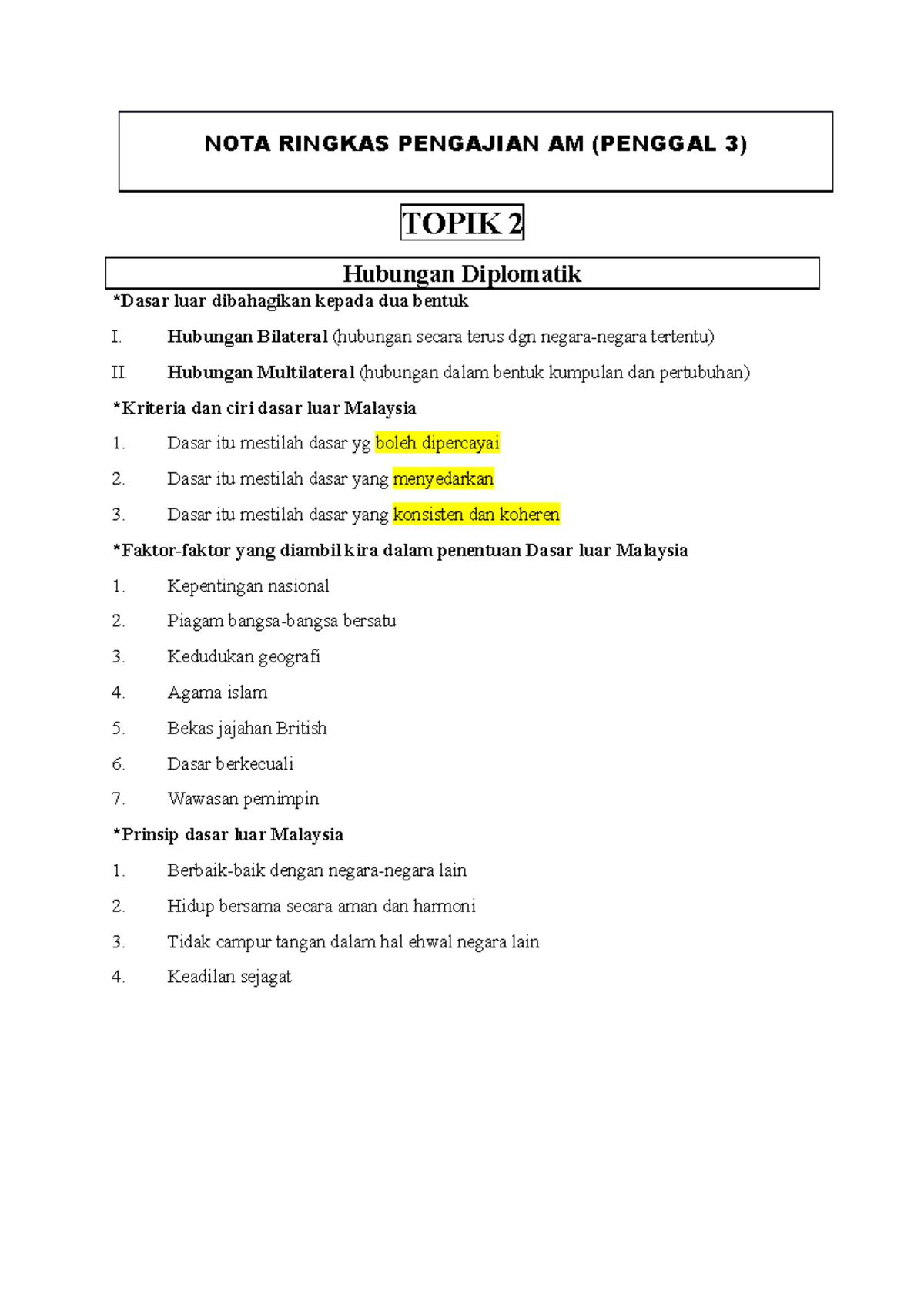 Nota Ringkas Pengajian Am Semesta 3 - NOTA RINGKAS PENGAJIAN AM (PENGGAL 3) *Dasar luar ...
