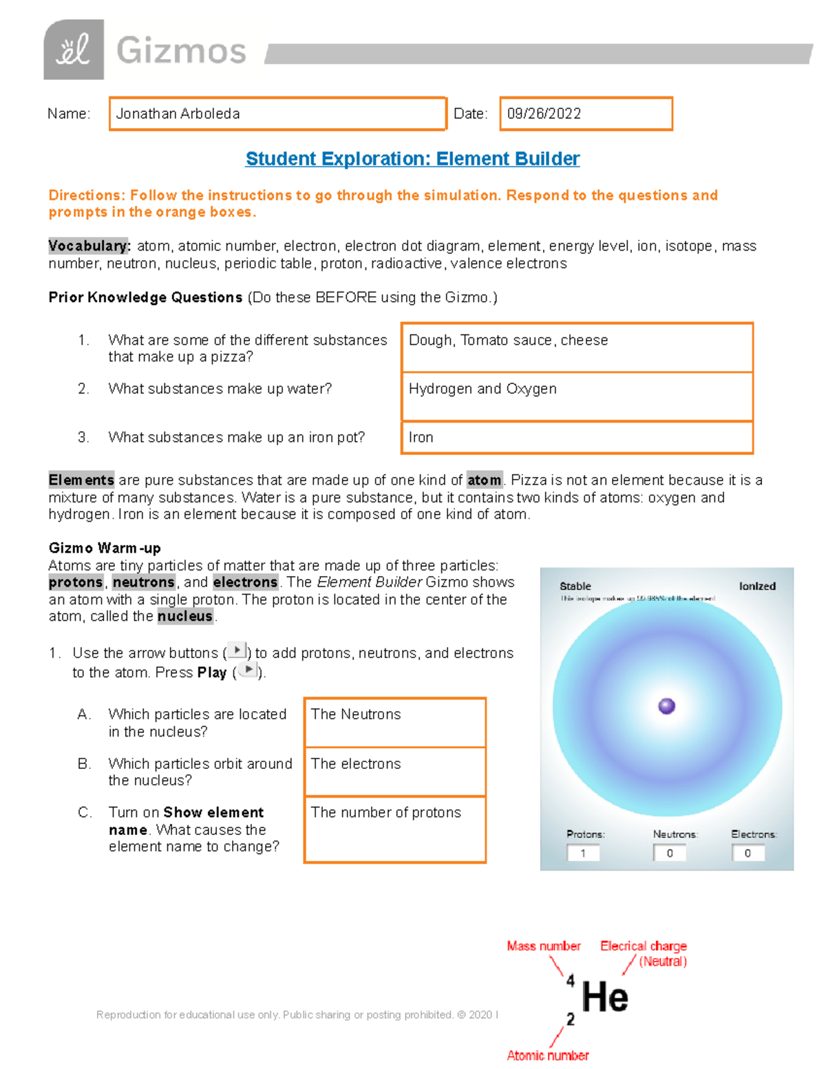 Copy of Reg Element Builder SE - Name: Jonathan Arboleda Date: 09/26/ Student Exploration ...