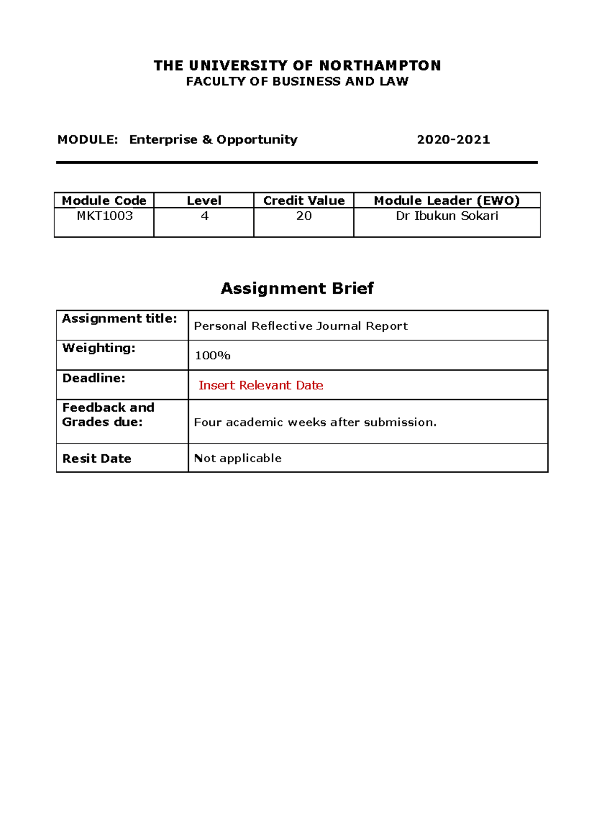 MKT1003 AS1 brief - 2021 2022 - THE UNIVERSITY OF NORTHAMPTON FACULTY OF BUSINESS AND LAW MODULE ...