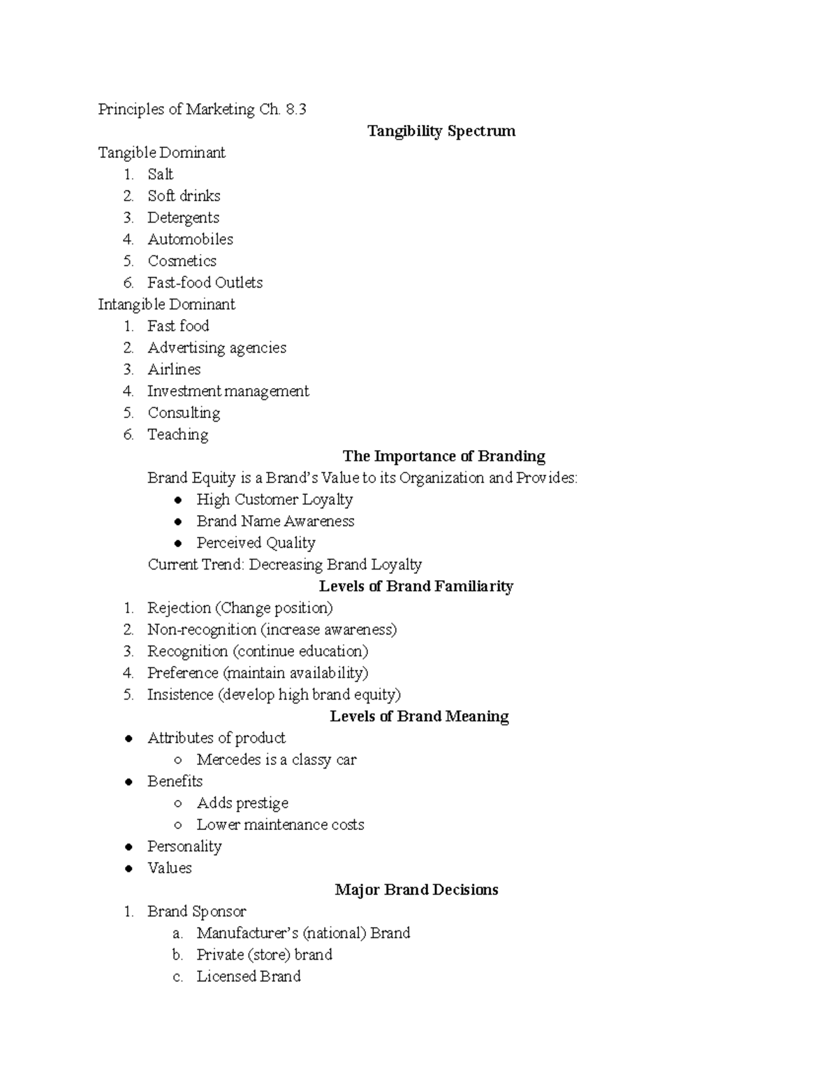 Principles of Marketing Ch. 8 - 8. Tangibility Spectrum Tangible ...
